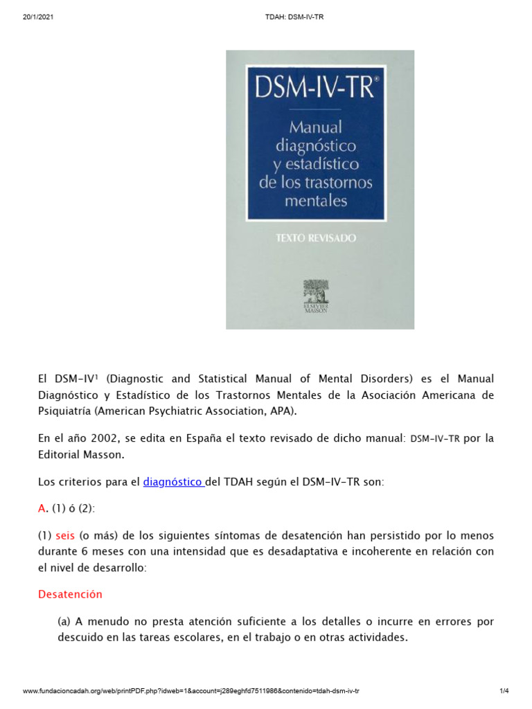 Tdah - Dsm-Iv-Tr | PDF | Desorden hiperactivo y deficit de atencion | Manual Diagnóstico y ...