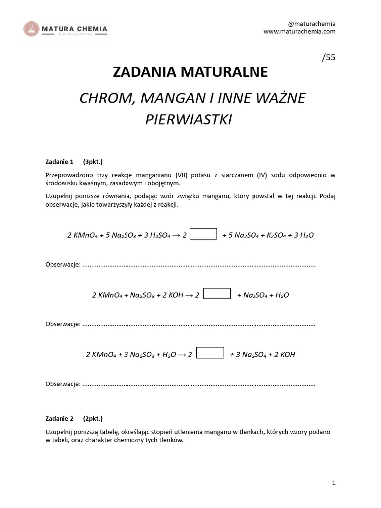 ZADANIA MATURALNE Chrom Mangan I Inne Wazne Pierwiastki | PDF