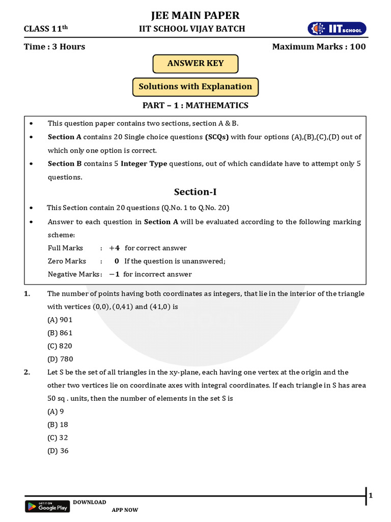 JEE Main Test - 07 (Paper - 01) - Answer Key & Solution Explanation ... JEE Main Test - 07 (Paper - 01) - Answer Key & Solution Explanation ...