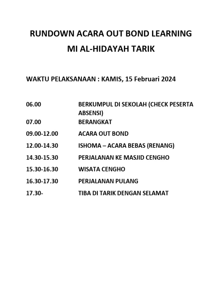 Rundown Odl Kelas 1 2024 | PDF