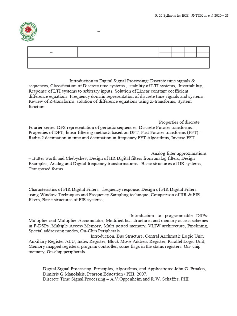 DSP Syllabus | PDF | Digital Signal Processing | Discrete Fourier Transform DSP Syllabus | PDF | Digital Signal Processing | Discrete Fourier Transform