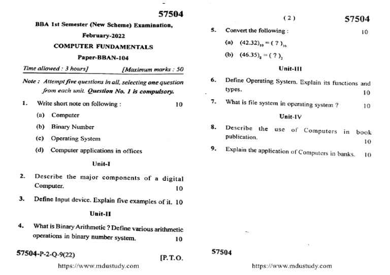 Bba 1 Sem Computer Fundamentals 57504 Feb 2022 | PDF