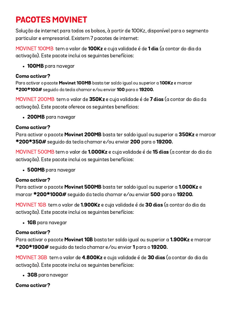 Pacotes Movinet: Internet a Partir de 100Kz | PDF