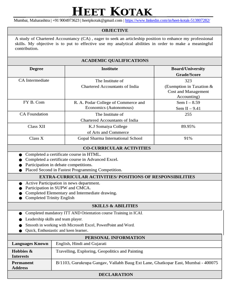 Resume Format - The Placement Cell | PDF
