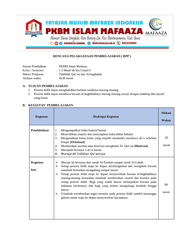 RPP Tahfidz, Matematika Dan Bahasa Indonesia Kelas 1.2 | PDF