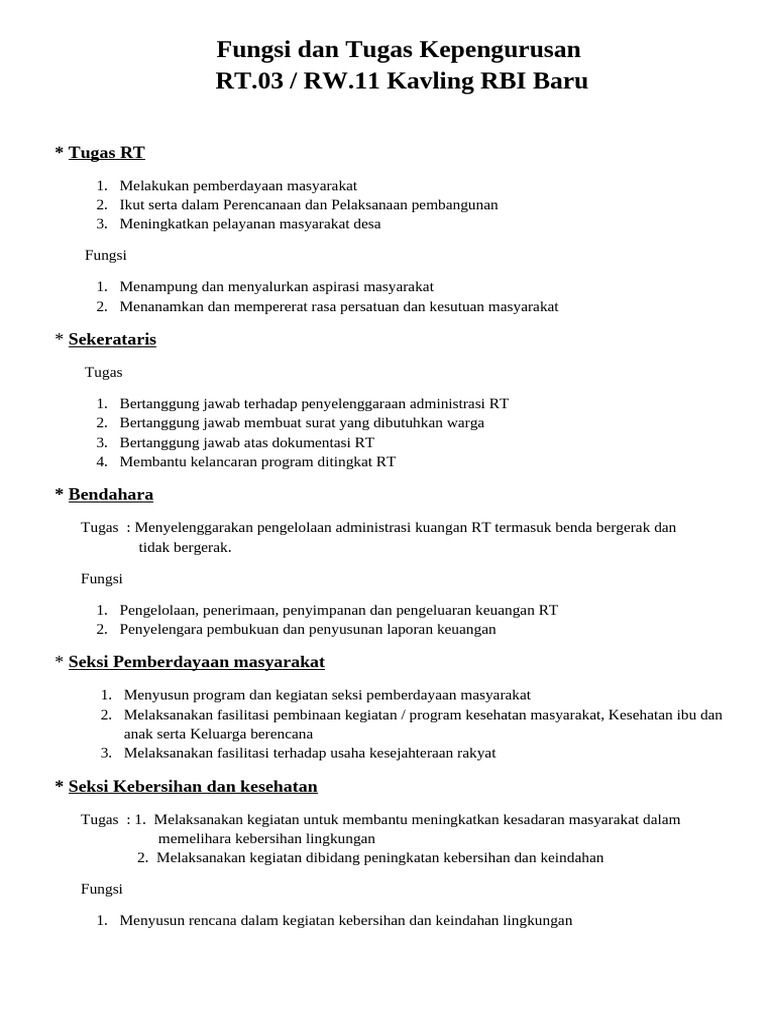 Tugas dan Fungsi Pengurus RT/RW 11 | PDF