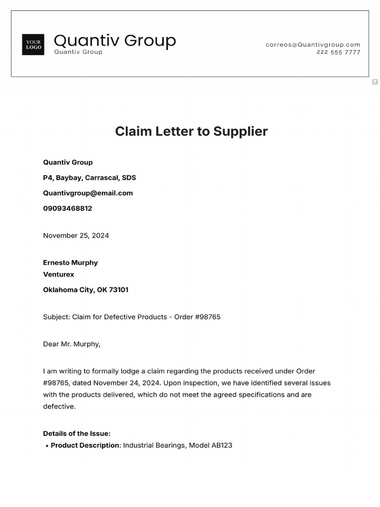 Free Claim Letter To Supplier Template | PDF