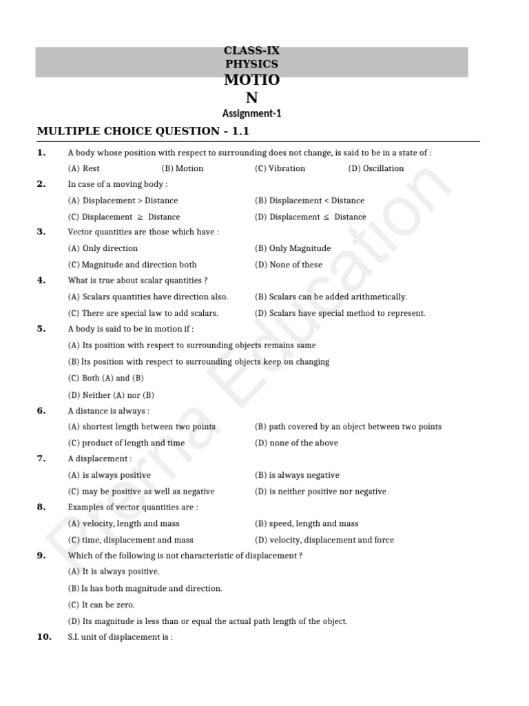 Class 9 Physics: Motion Assignment | PDF | Physical Quantities | Physical Sciences