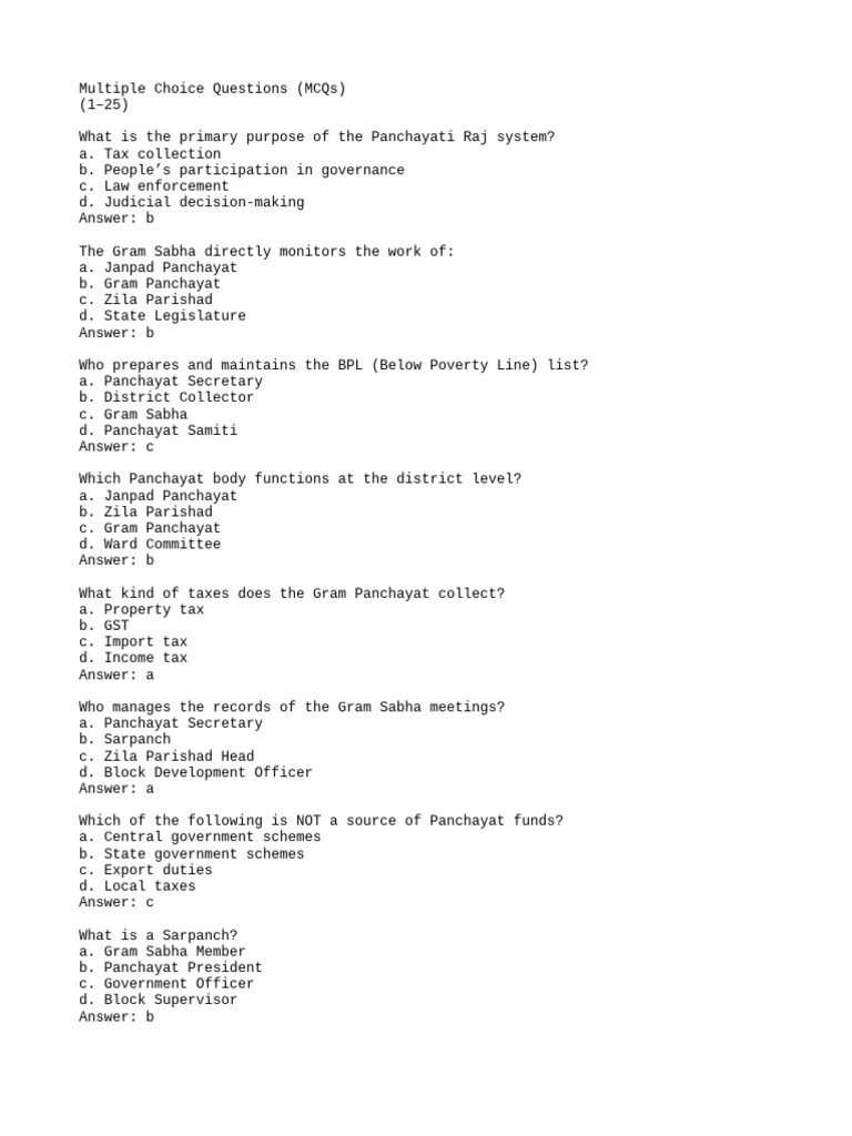 Panchayati Raj MCQs for Class 6 | PDF | Government | Government Of India
