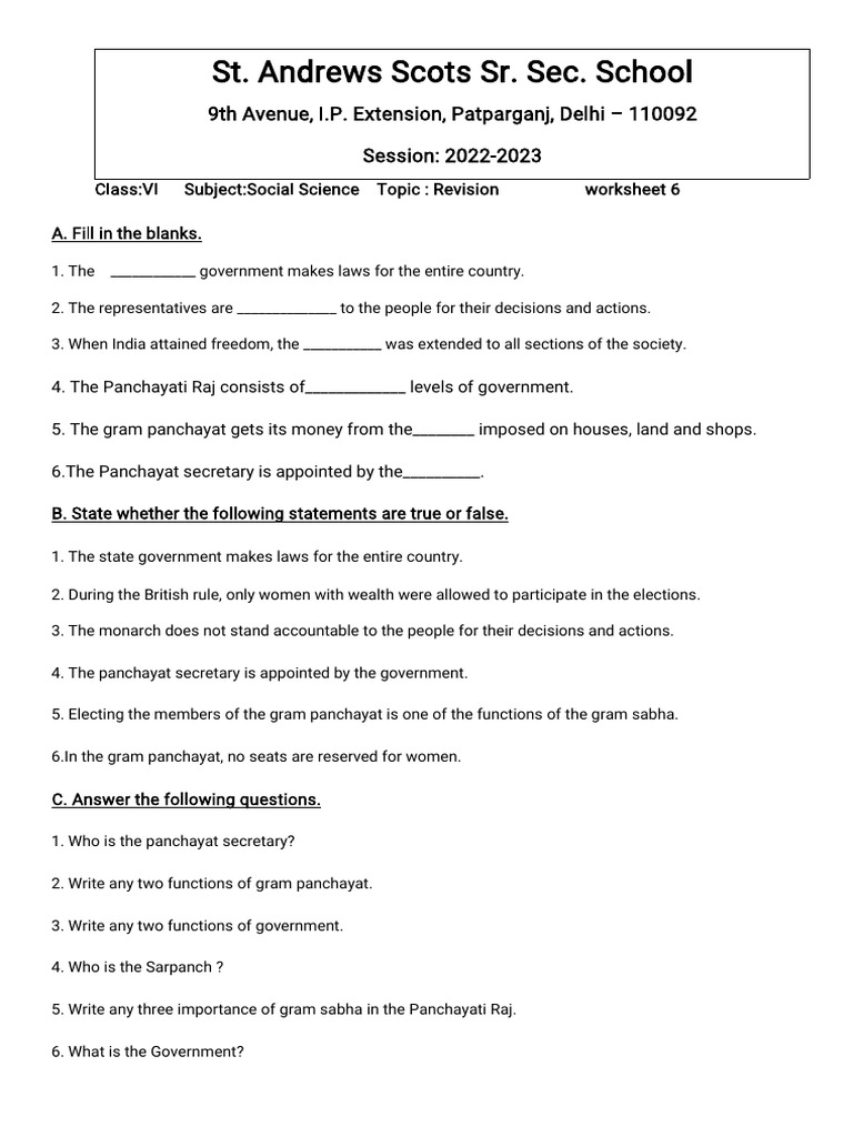 Social Science - Revision Worksheet-6 (VI) | PDF