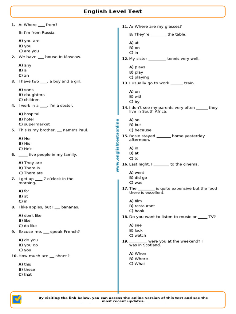 English Level Test: Starter Quiz | PDF
