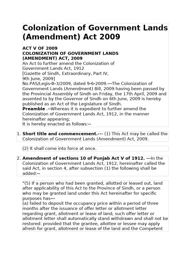 Colonization of Government Lands (Amendment) Act 2009 | PDF | Lease | Public Law