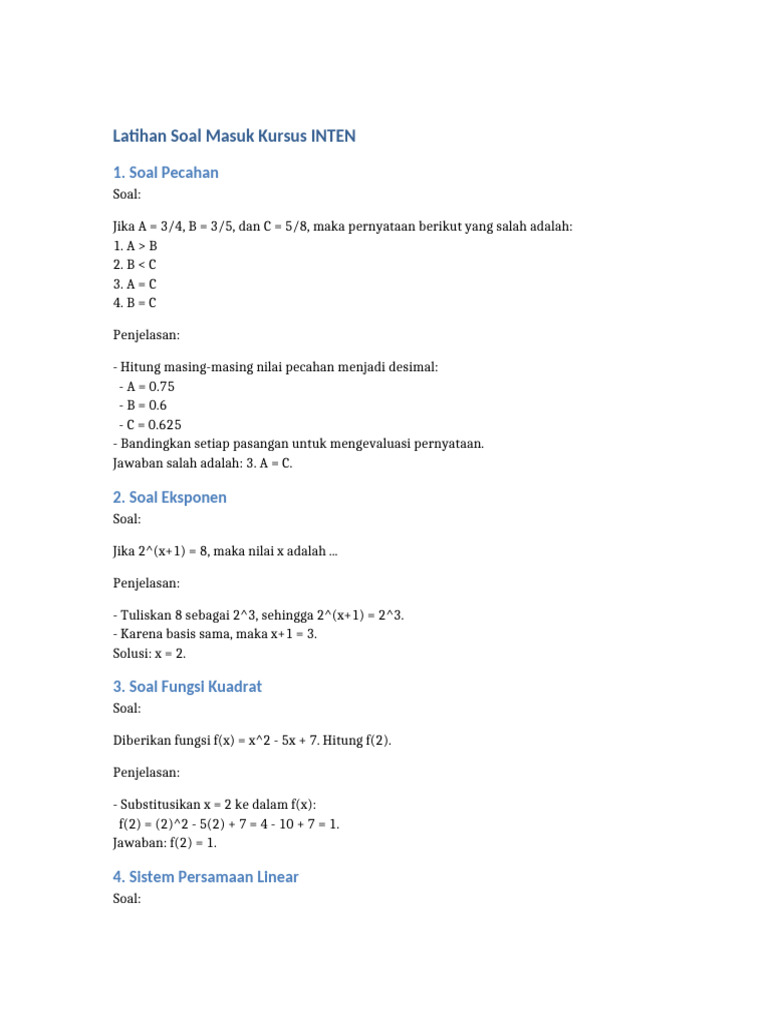 Soal Latihan Masuk INTEN Matematika | PDF