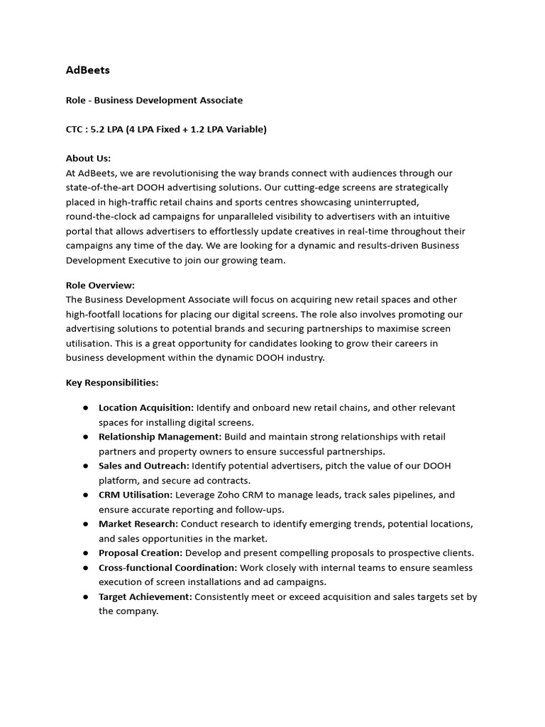 AdBeets - JD For BDA Role | PDF | Advertising | Customer Relationship Management