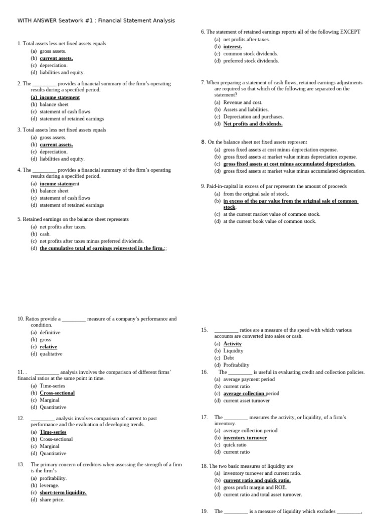 Financial Statement Analysis Quiz Pdf Depreciation Equity Finance