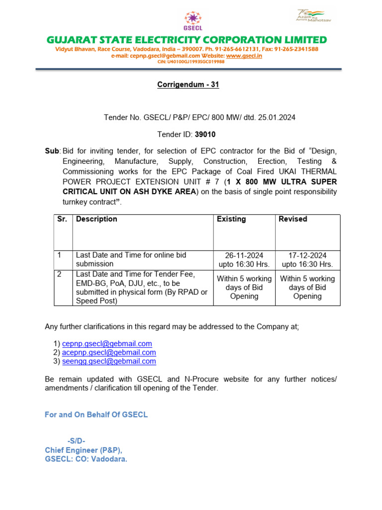 GSECL Tender Corrigendum for EPC Contract | PDF