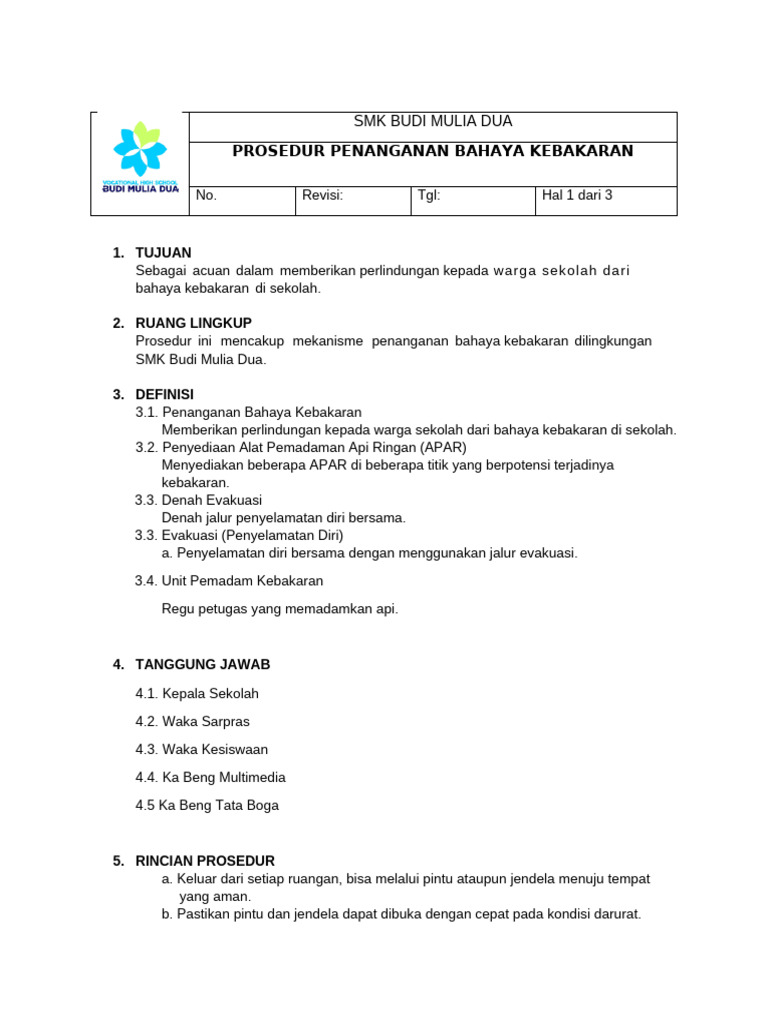 Prosedur Penanganan Kebakaran SMK BUDI MULIA DUA | PDF
