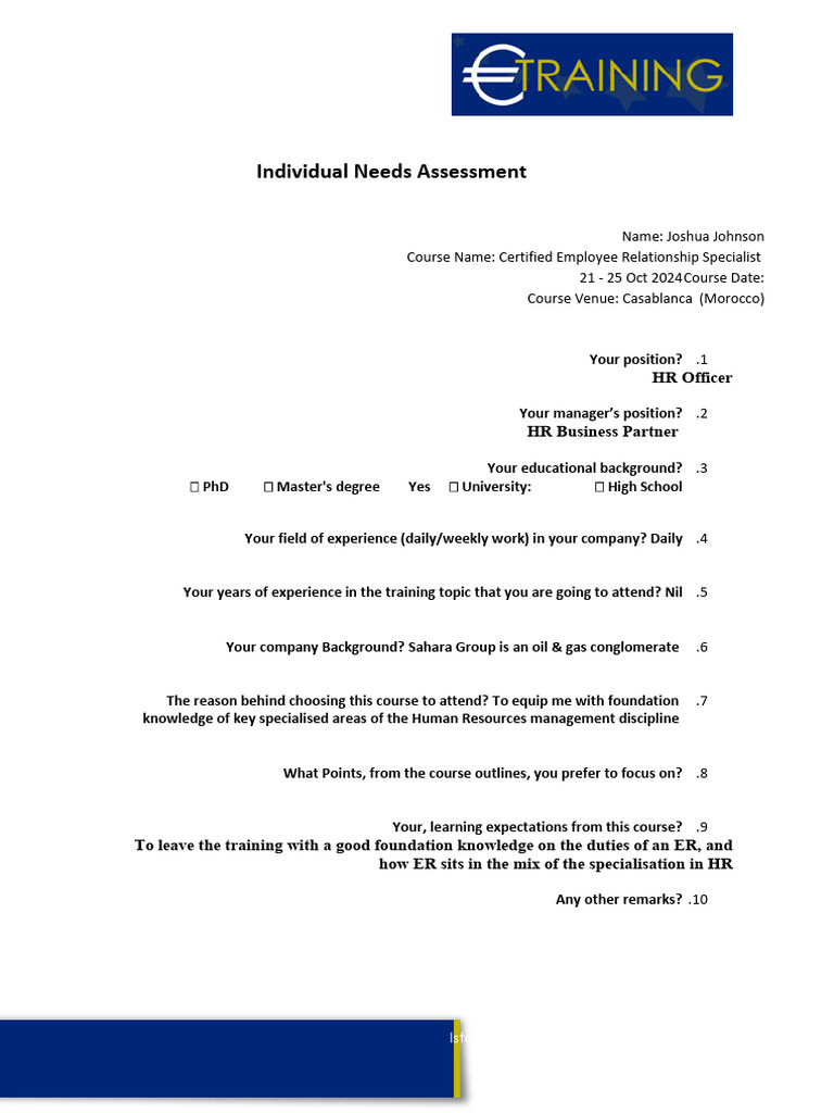 Individual Needs Assessment for ER Course | PDF