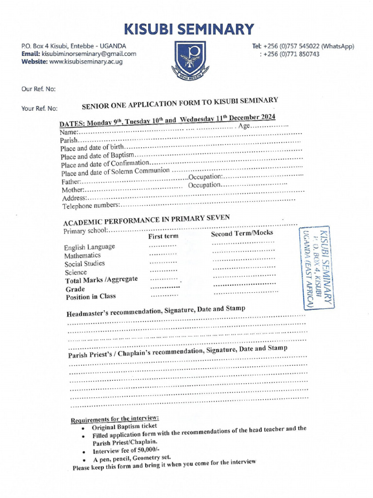 Kisubi Seminary Application | PDF