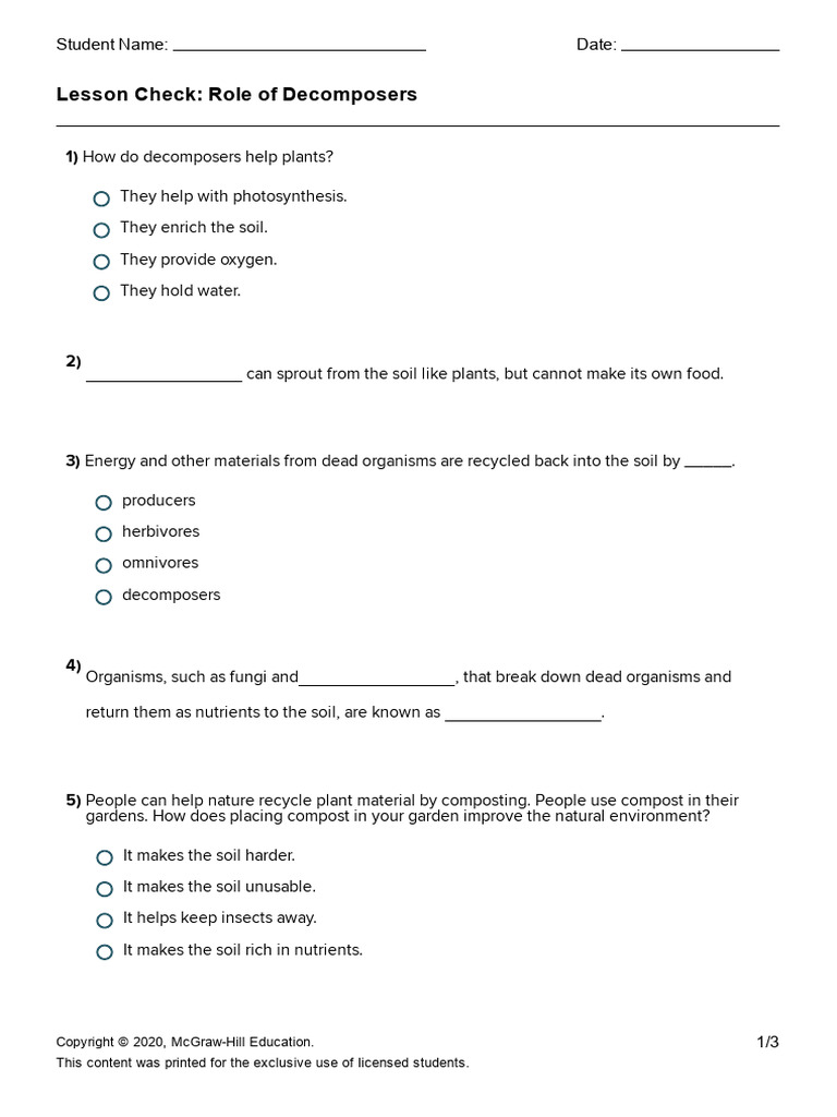 Lesson Check: Role of Decomposers: 1) How Do Decomposers Help Plants ...