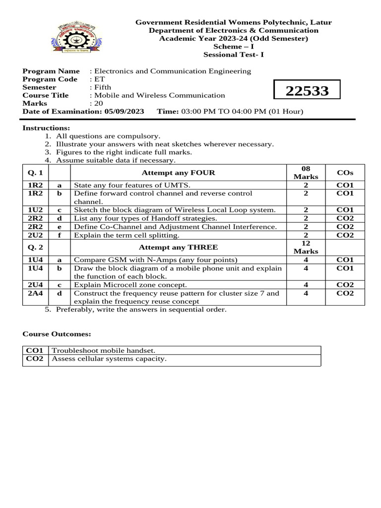 Class Test-1 Paper MWC 23-24 Student | PDF