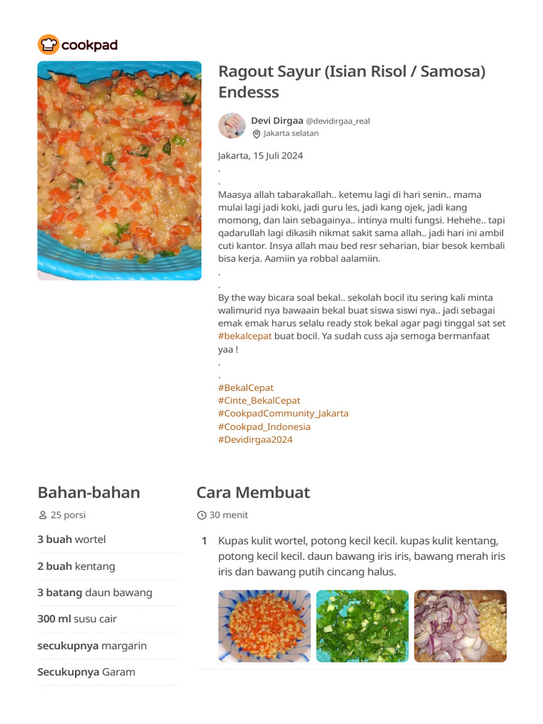 Resep Ragout Sayur (Isian Risol - Samosa) Endesss Oleh Devi Dirgaa | PDF