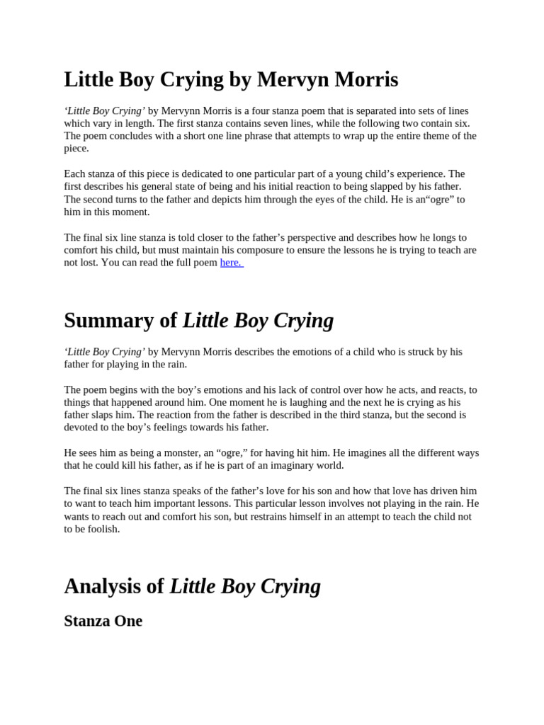 Little Boy Crying by Mervyn Morris | PDF | Emotions