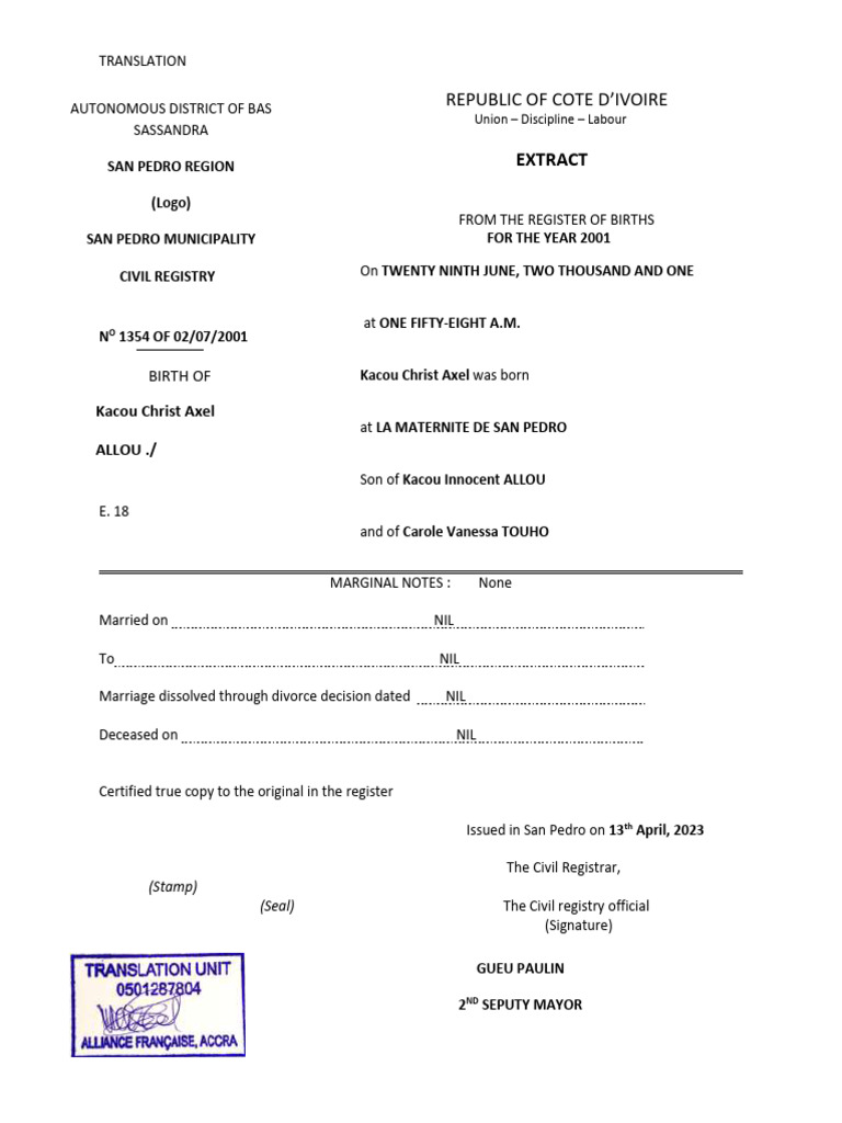 Axel - Extrait de Naissance. CIV | PDF