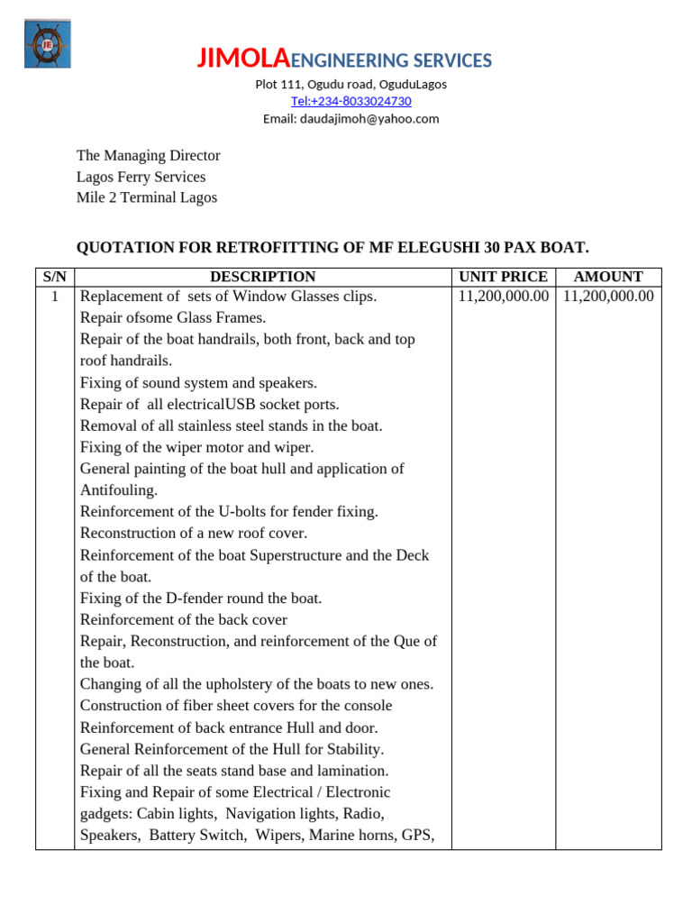 Quotation for Retrofitting 30-Pax Boat | PDF