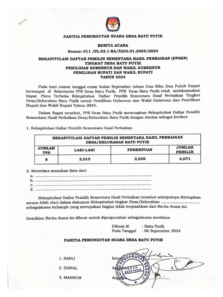 BA Pleno DPSHP Batu Putik | PDF