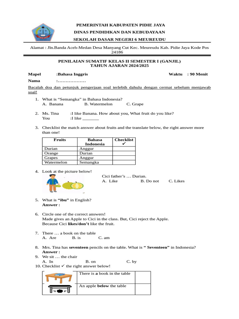 Bahasa Inggris Kelas 2-Semester 1 | PDF
