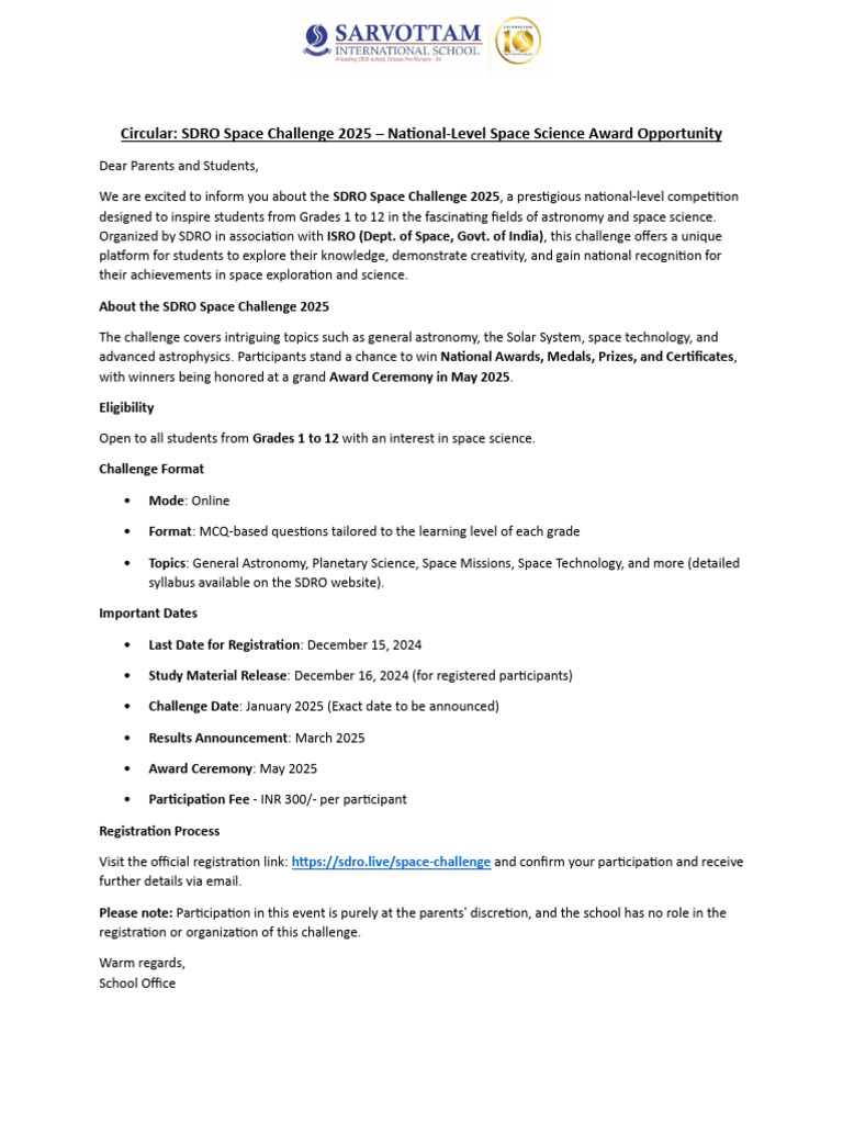 Circular - SDRO Space Challenge | PDF