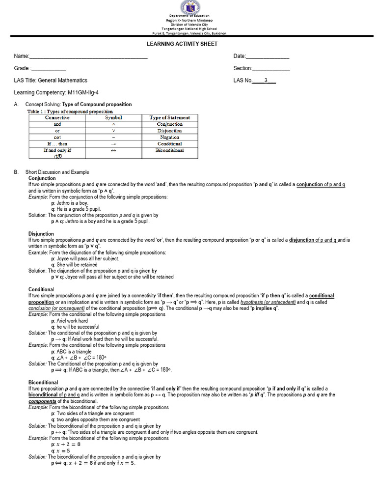 General Mathematics Learning Activity Sheet | PDF | If And Only If | Logic