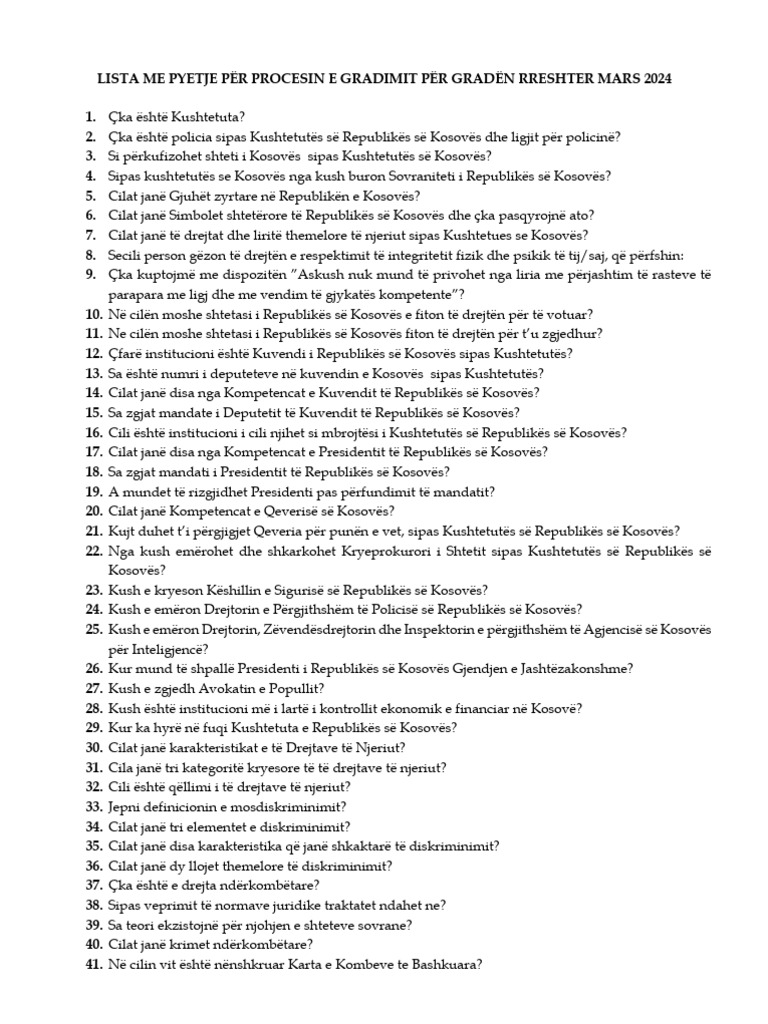 Lista Me Pyetje Për Procesin e Gradimit Për Gradën Rreshter Mars 2024 ...