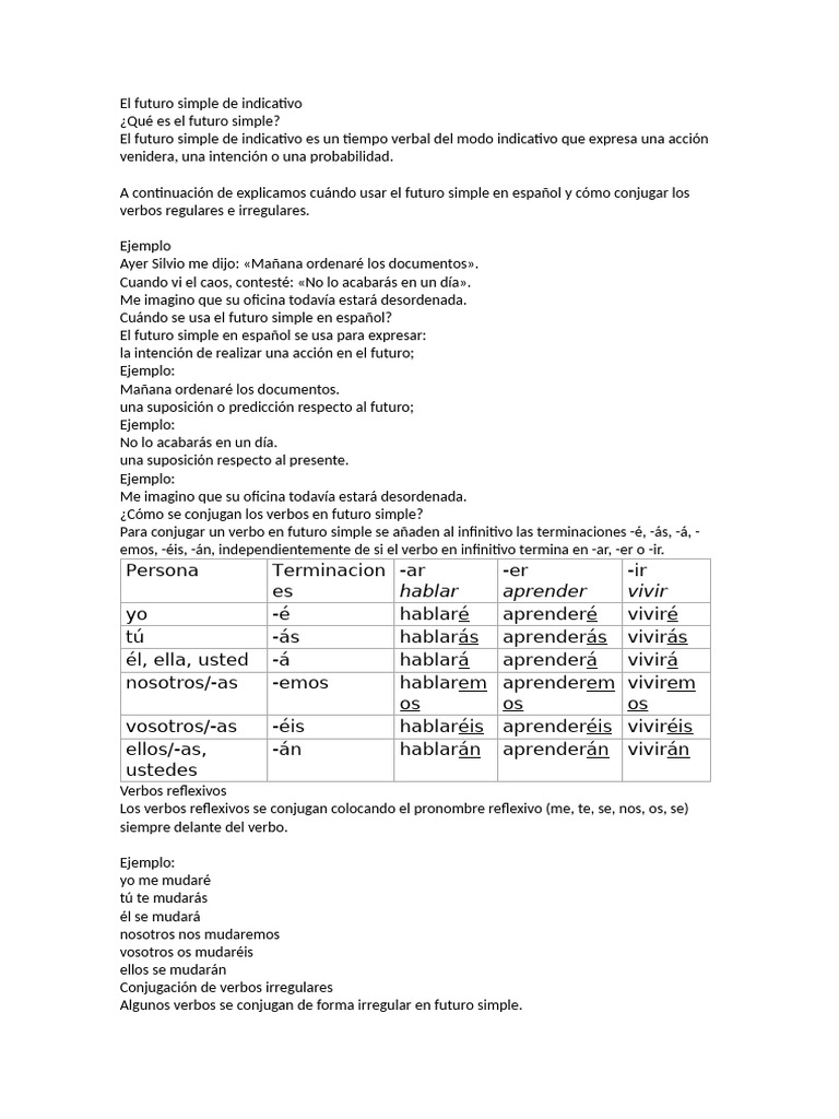 Futuro Simple Pdf Verbo Semántica