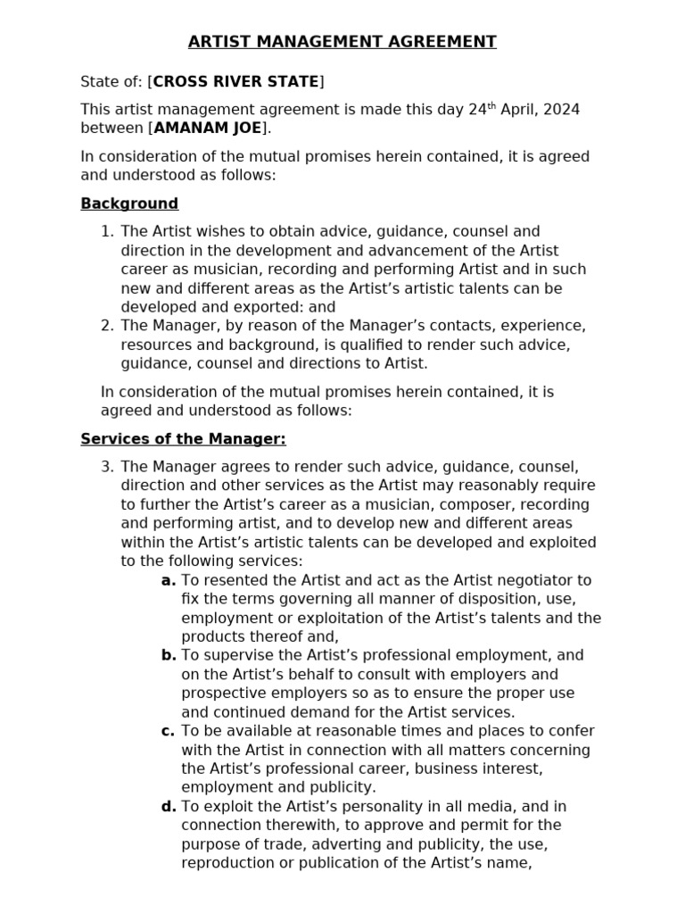 Artist Management Agreement Overview | PDF