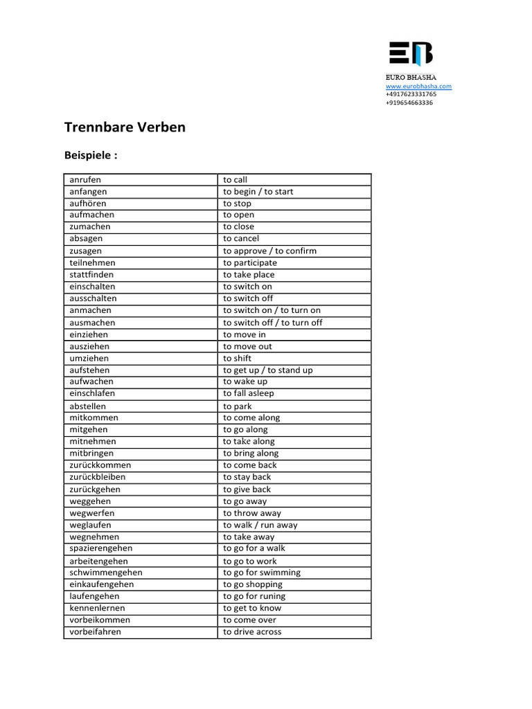 Trennbare Verben Liste Euro Bhasha | PDF