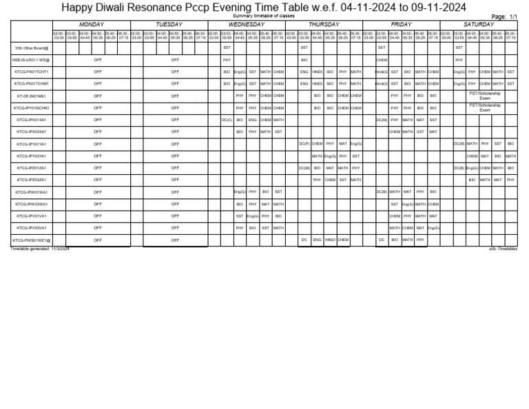 Evening Time Table W e F 04-11-2024 To 09-11-2024 | PDF