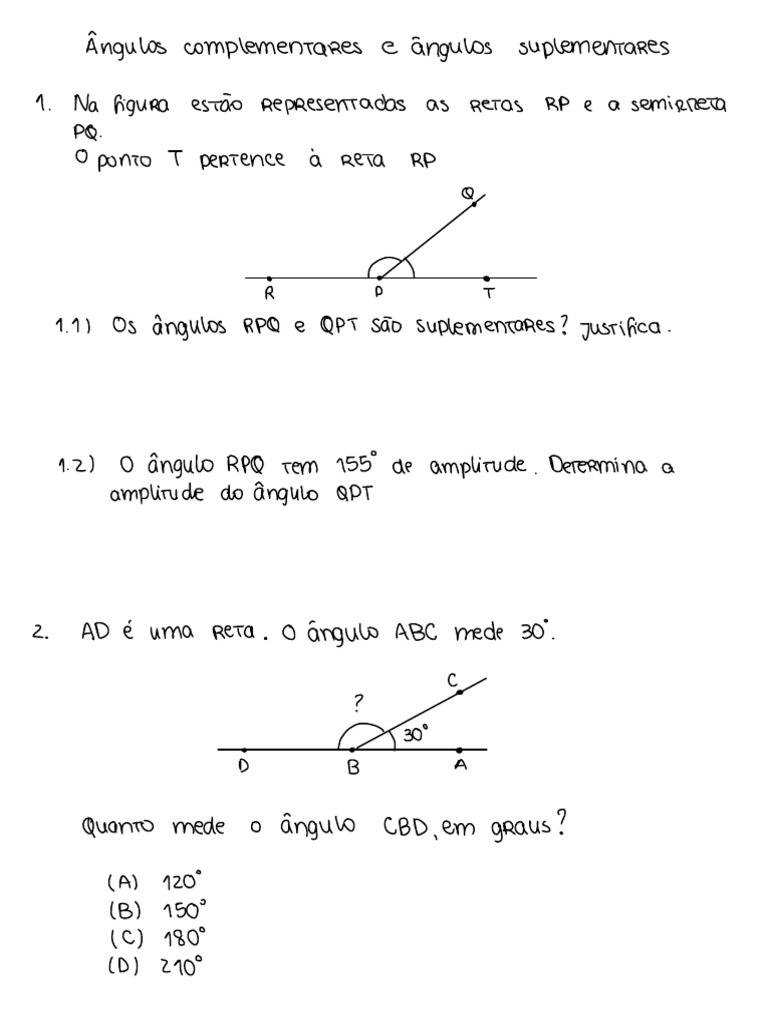 Exercícios sobre Ângulos Complementares | PDF | Ângulo | Geometria ...