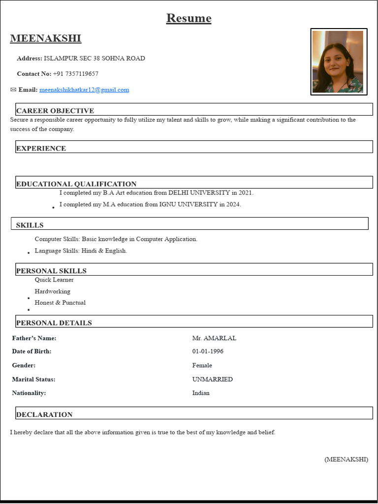 Meenakshi's Resume: Education & Experience | PDF