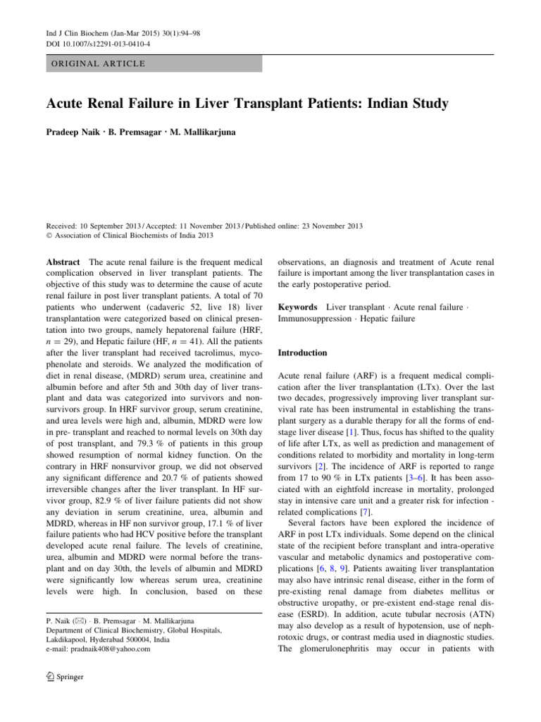 Acute Renal Failure in Liver Transplant Patients Indian Study | PDF ...