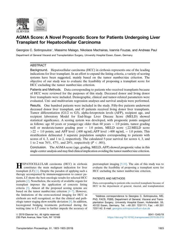 AGMA Score A Novel Prognostic Score For Patients Undergoing Liver ...