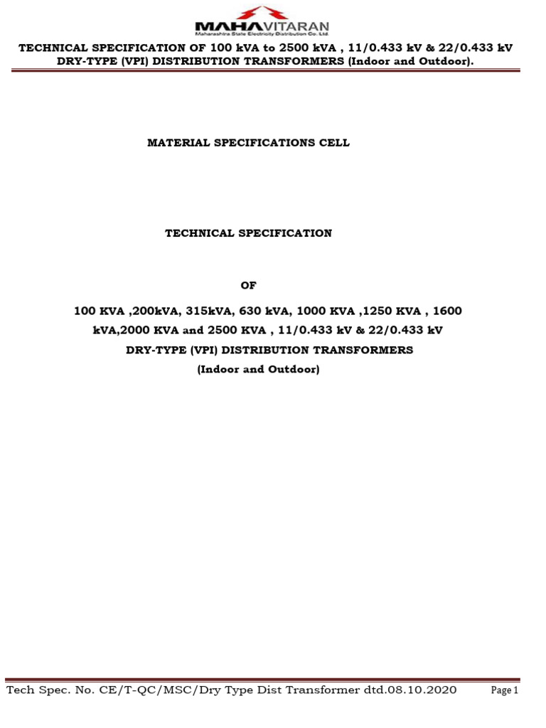 Dry Type Transformer Spec | PDF | Transformer | Insulator (Electricity)