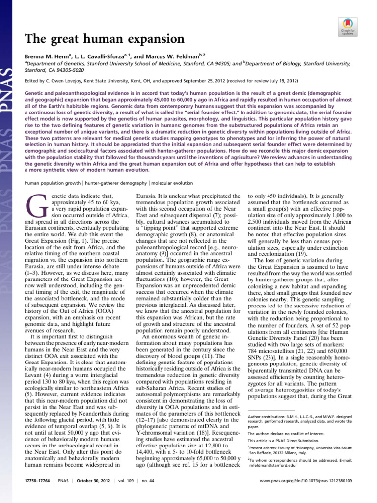 Henn Et Al 2012 The Great Human Expansion | PDF | Human Evolution | Human