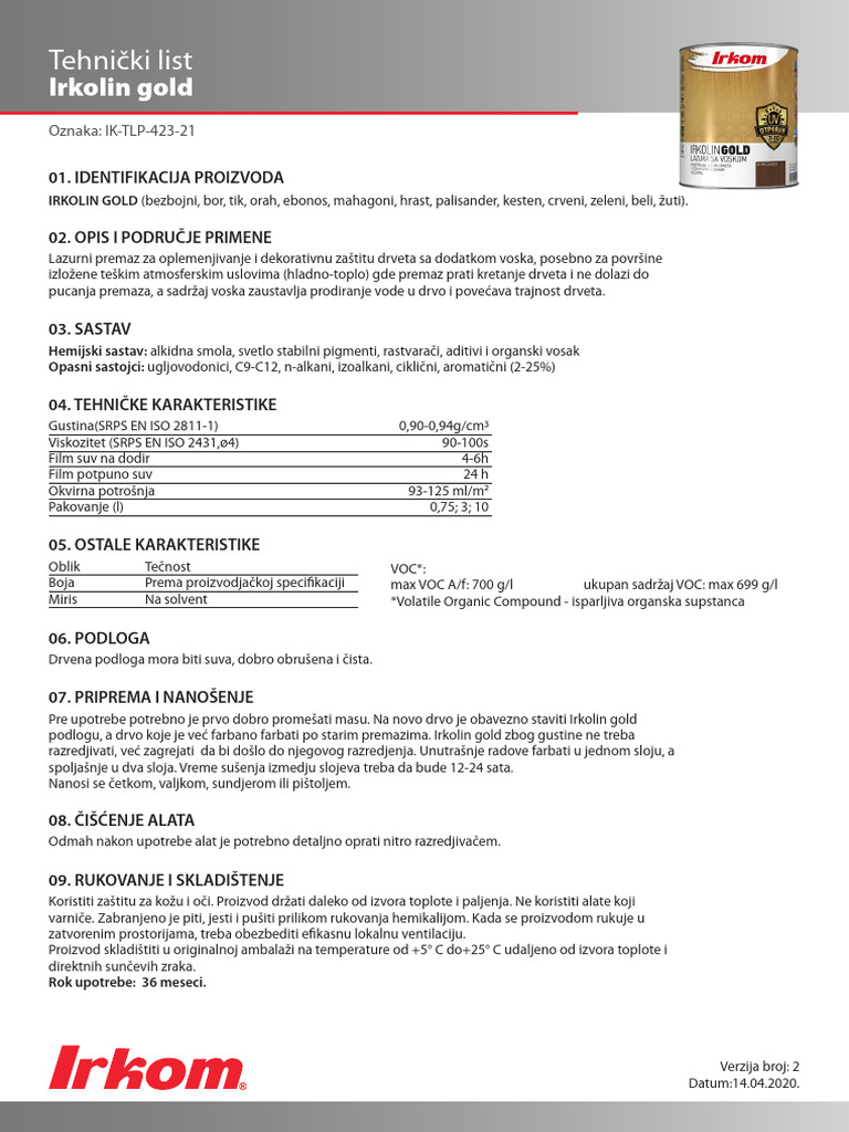 Tehnicki List Irkolin Gold | PDF