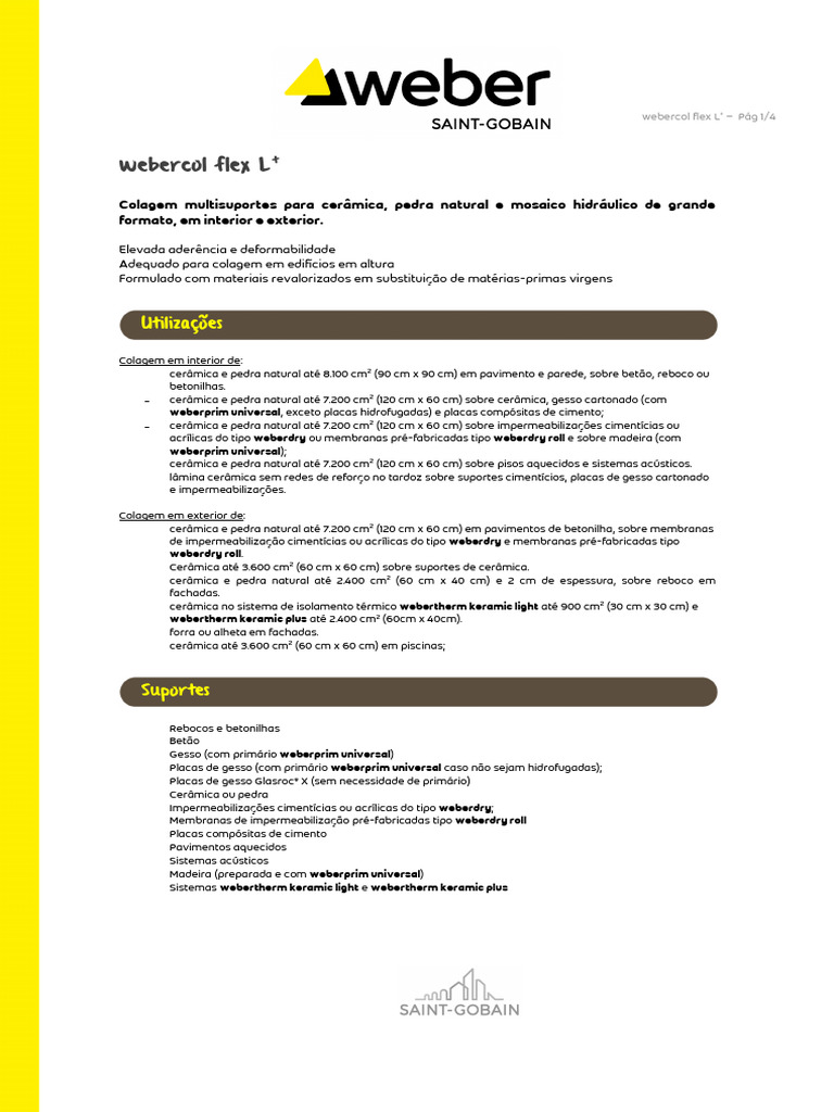 Ficha Tecnica Webercol Flex L | PDF | Drywall | Estresse (Mecânica)