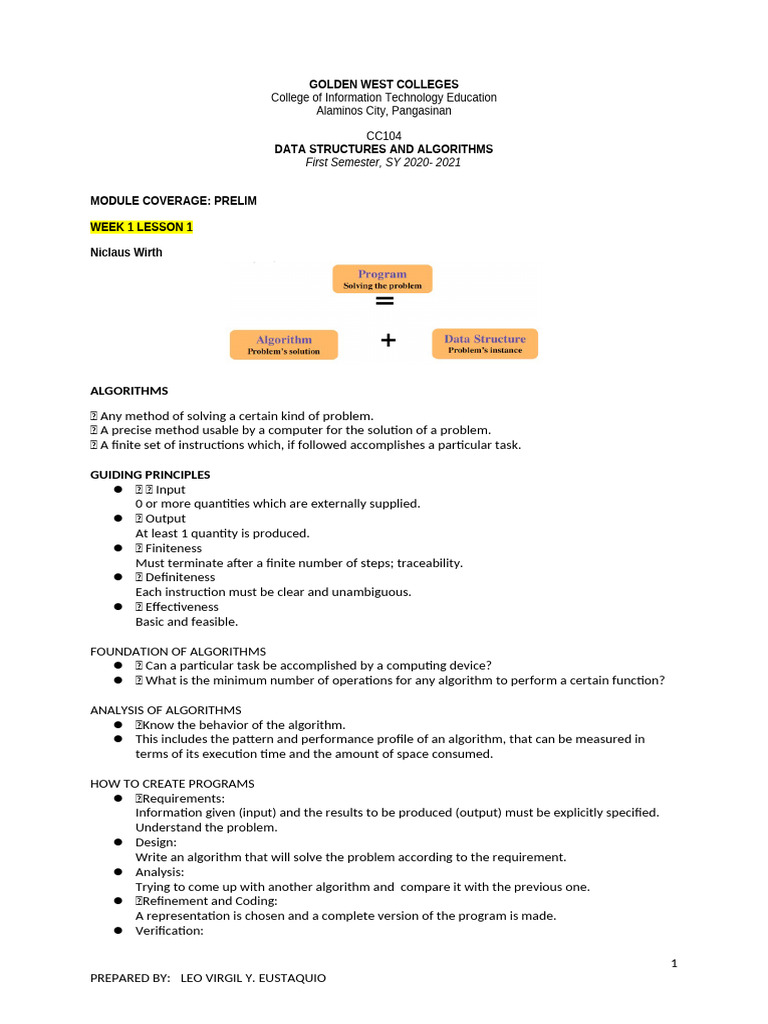 MODULE CC 104 Data Structures and Algorithms | PDF | Algorithms And Data Structures | Computer ...