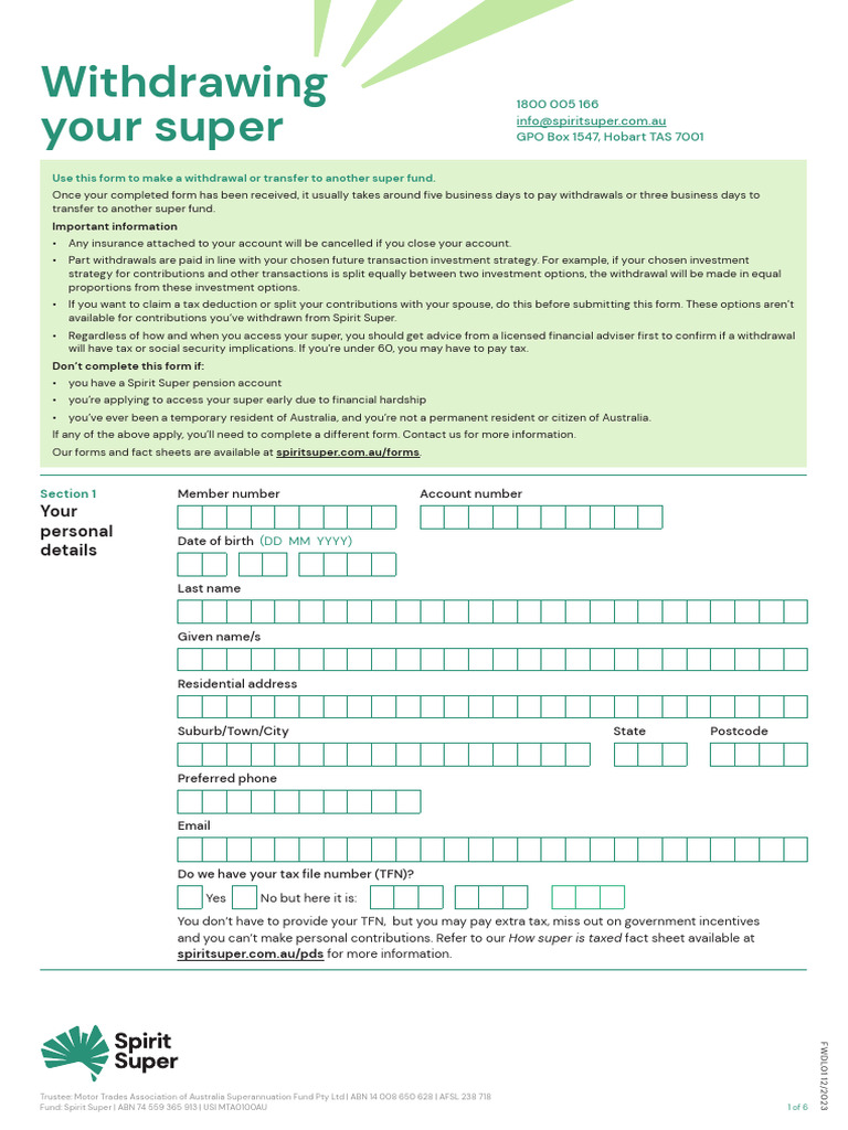 Spirit Super Withdrawing Your Super Form | PDF | Taxes | Government ...