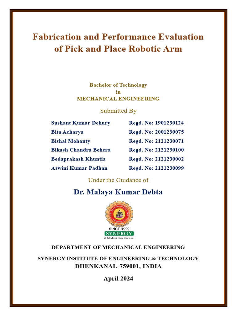 Fabrication of Pick and Place Robotic Arm - Group | PDF | Robotics ...
