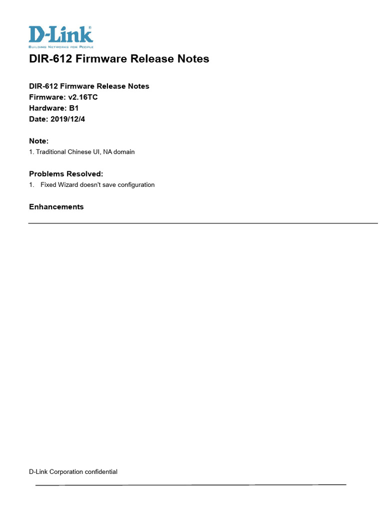 DIR-612 B1 FW v2.16TC Releasenote | PDF